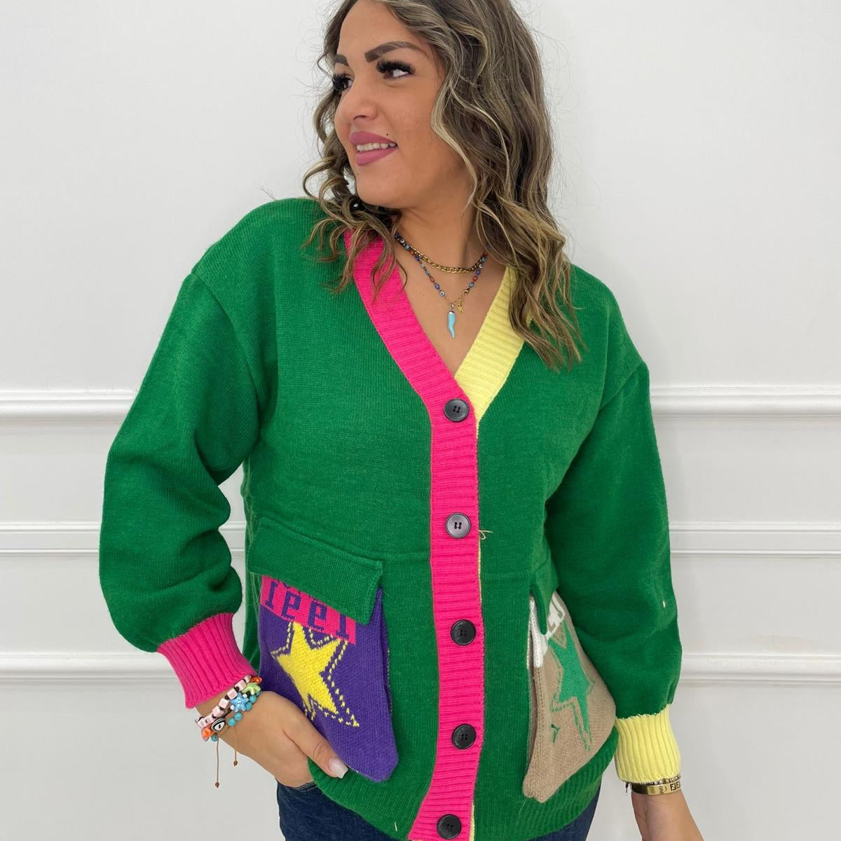 Cardigan colorato modello over con stampe colorate – New Generation Moda